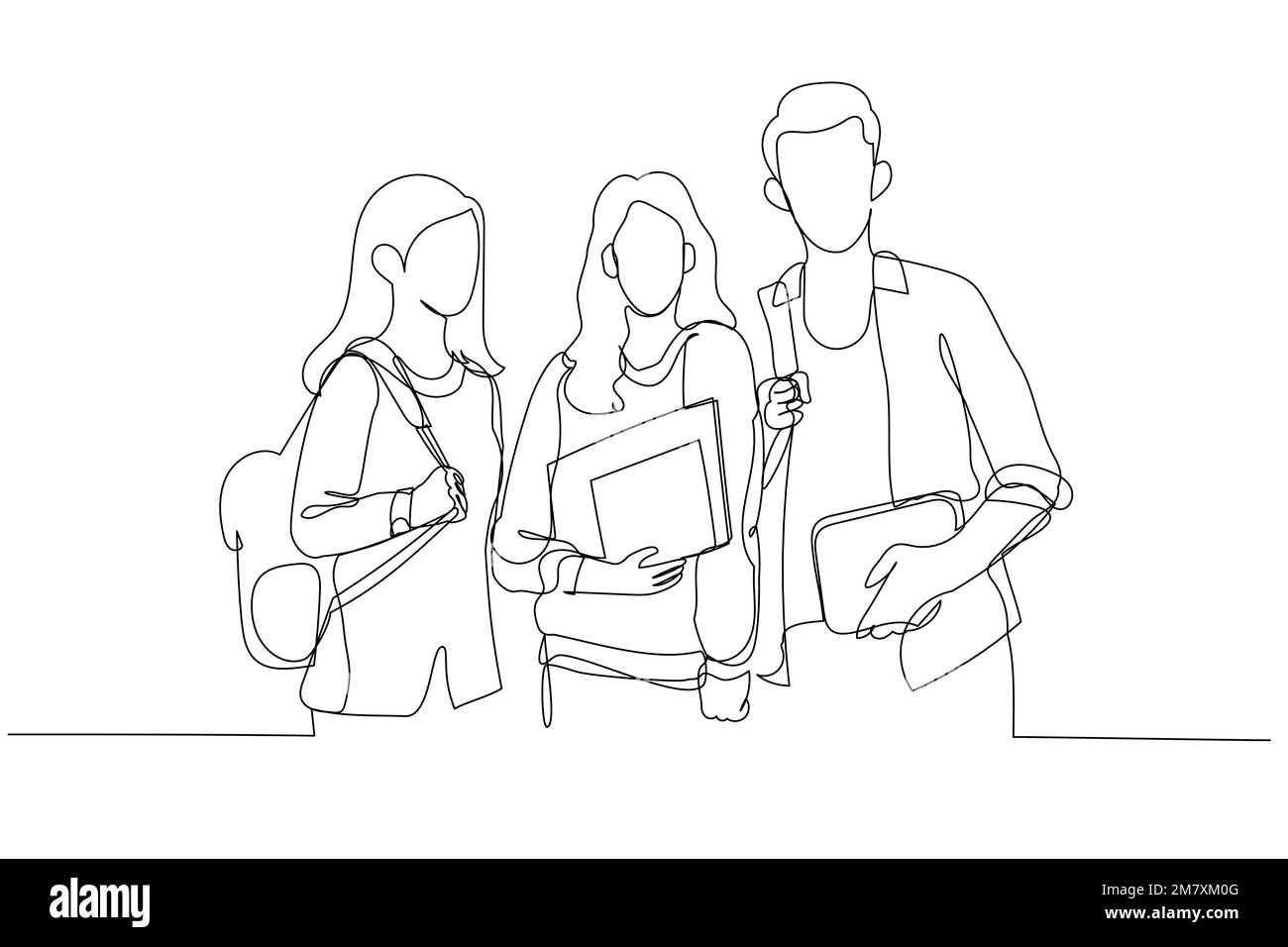 Drawing of group students with books and backpacks looking at camera walking in college campus ...