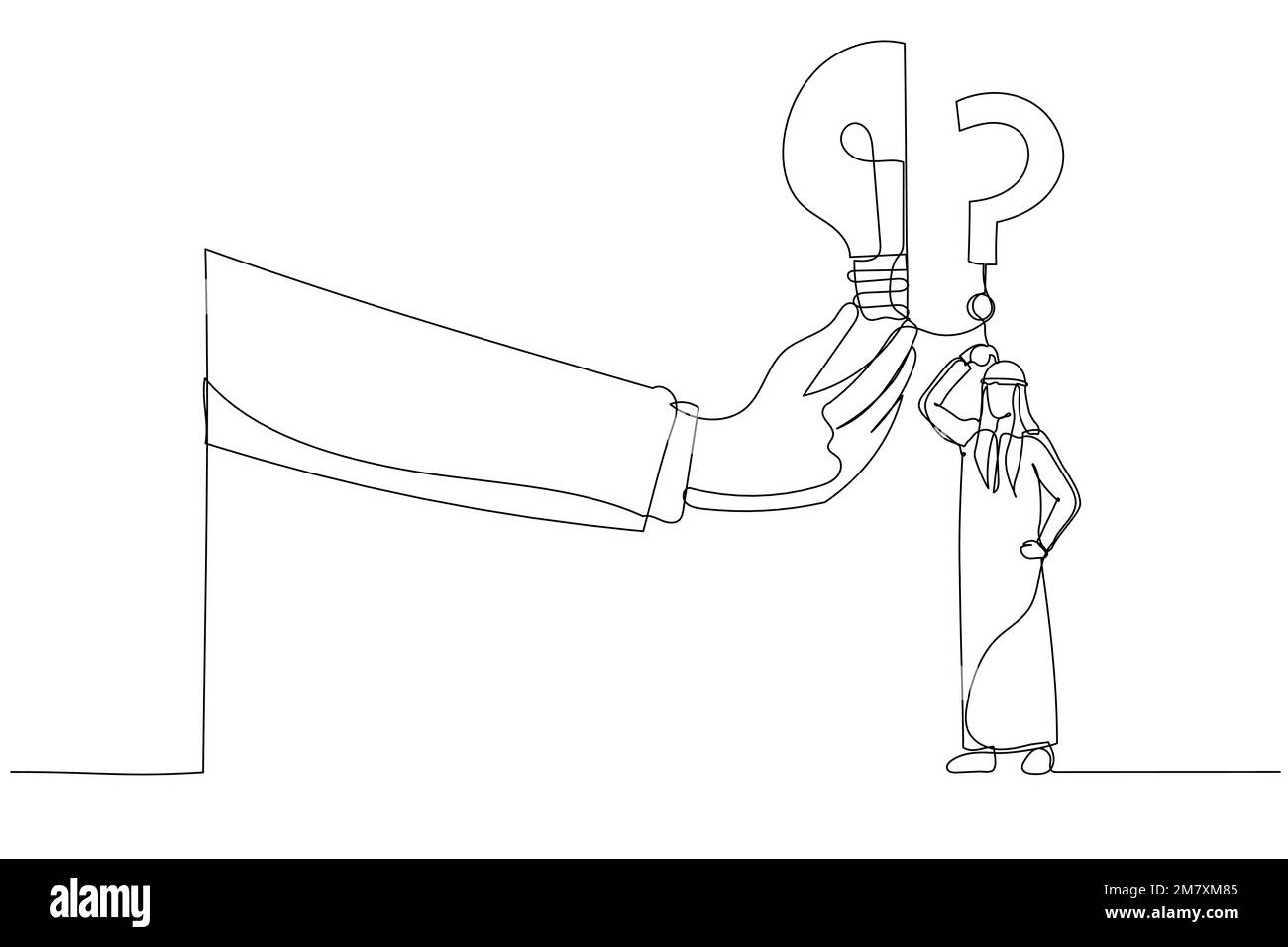 Drawing of arab businessman stand with question mark sign then helping ...