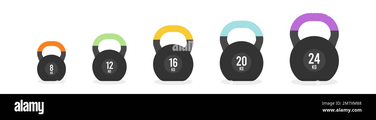 Filled icon set kettlebells. Different weights, colors and sizes: 8, 12 ...