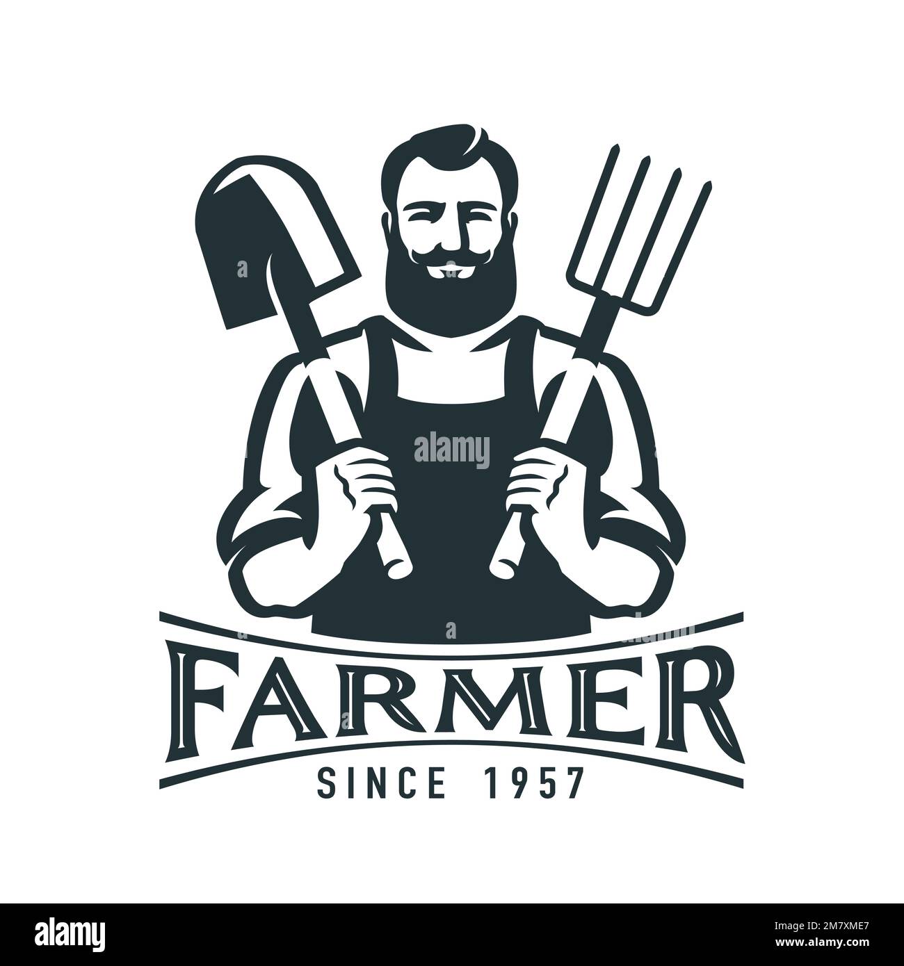 Farmer holding shovel and pitchfork, black emblem vector. Agriculture ...