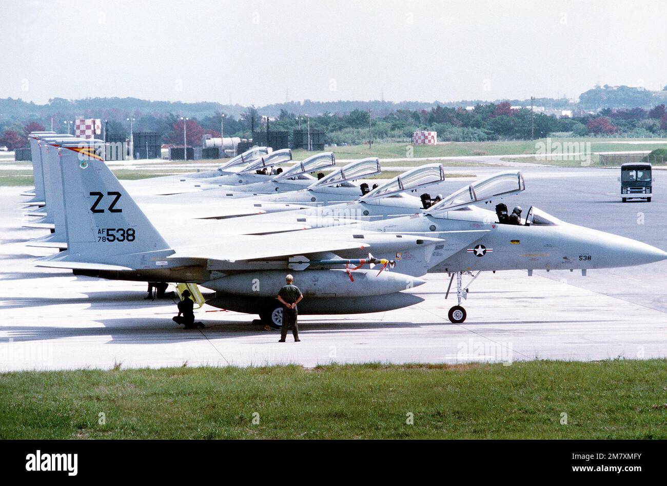 A right side view of F-15 Eagle aircraft from the 18th Tactical Fighter ...