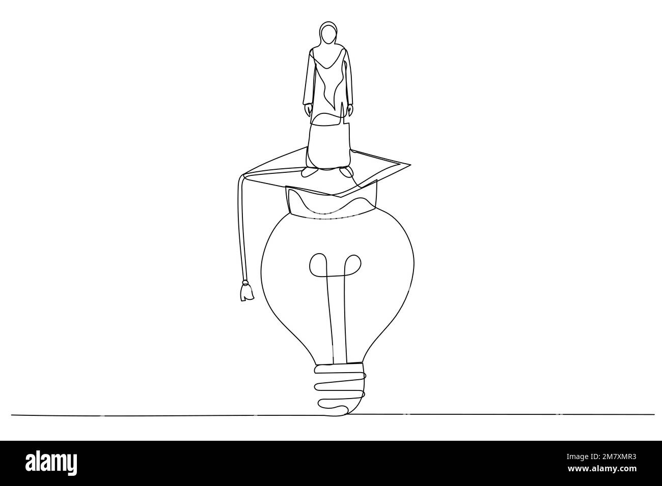 Drawing of arab muslim businesswoman climb up bright light bulb idea waring mortarboard ...