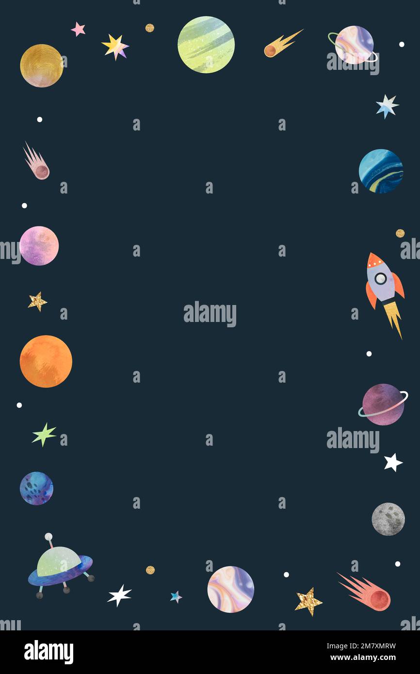 Colorful galaxy watercolor doodle frame on black background vector ...