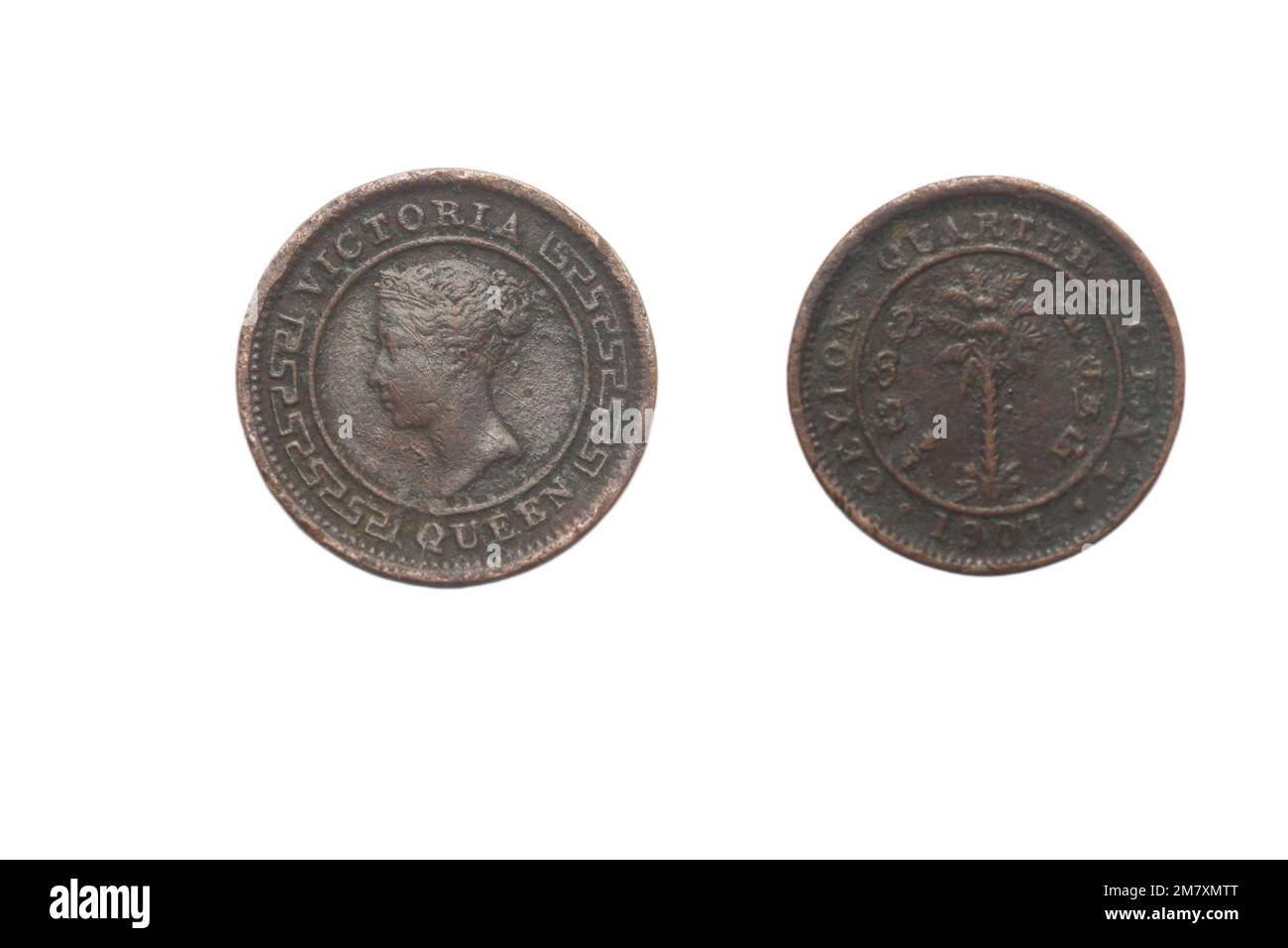 A closeup shot of a Sri Lankan or Ceylonian quarter-cent coin made in ...