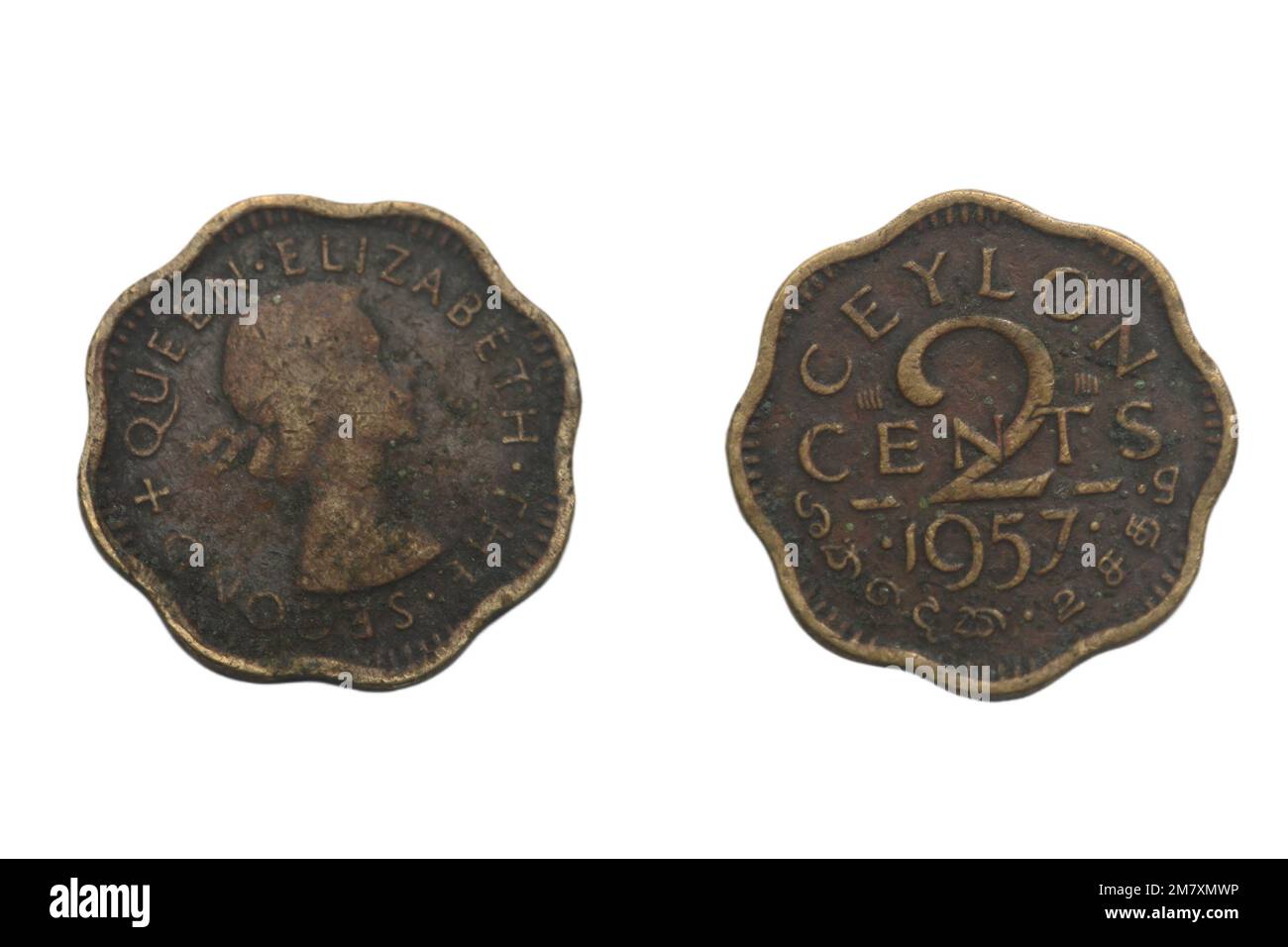 A closeup shot of a Sri Lankan or Ceylonian two cents coin made in 1957 ...