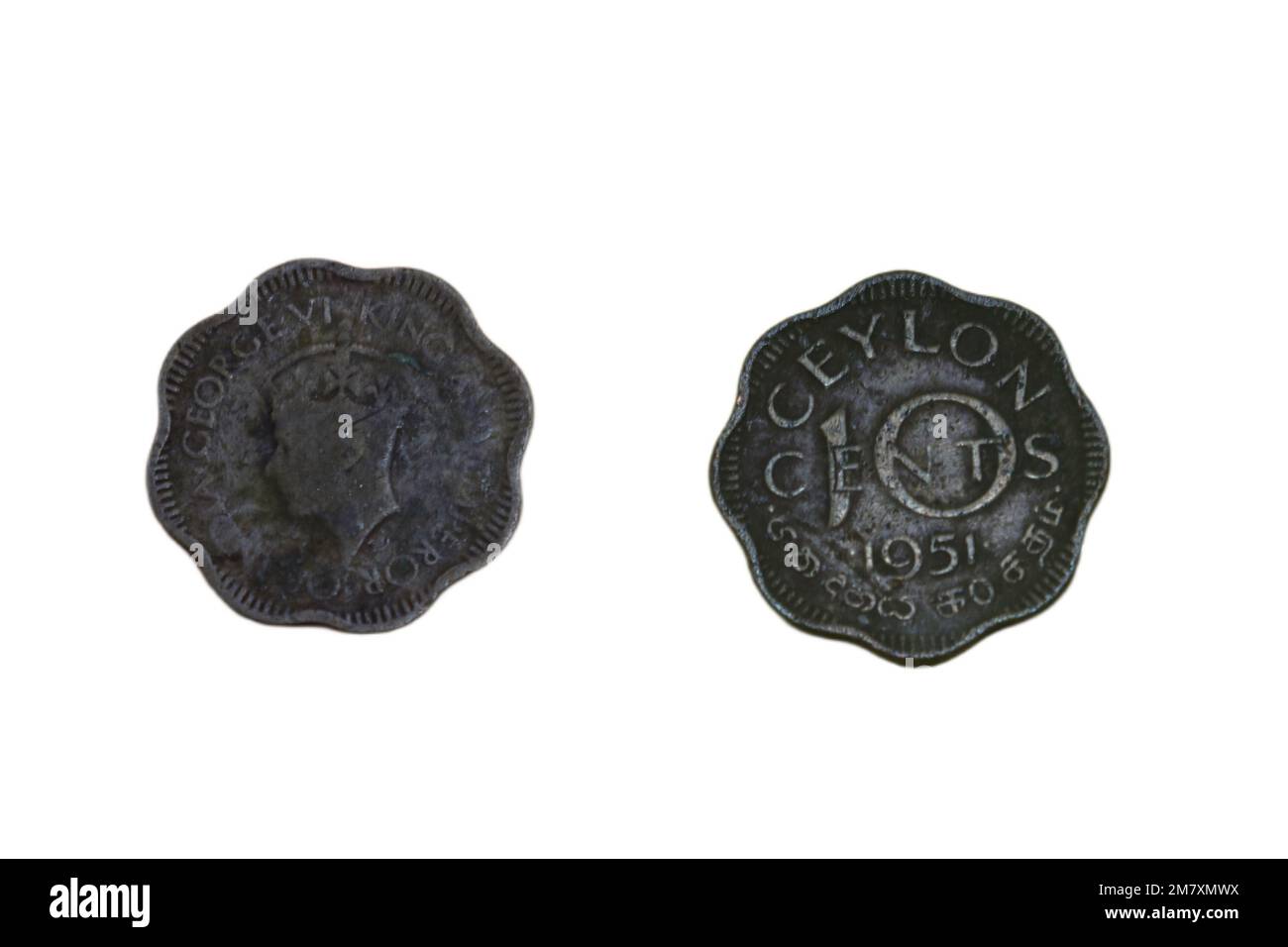 A closeup shot of a Sri Lankan or Ceylonian ten cents coin made in 1951 ...