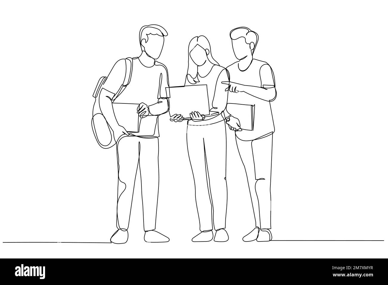 Drawing of portrait of young students with laptop discussing homework ...