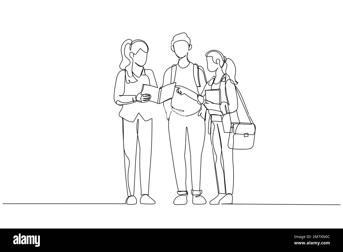 Cartoon of group of classmates discussing education subject. One line ...