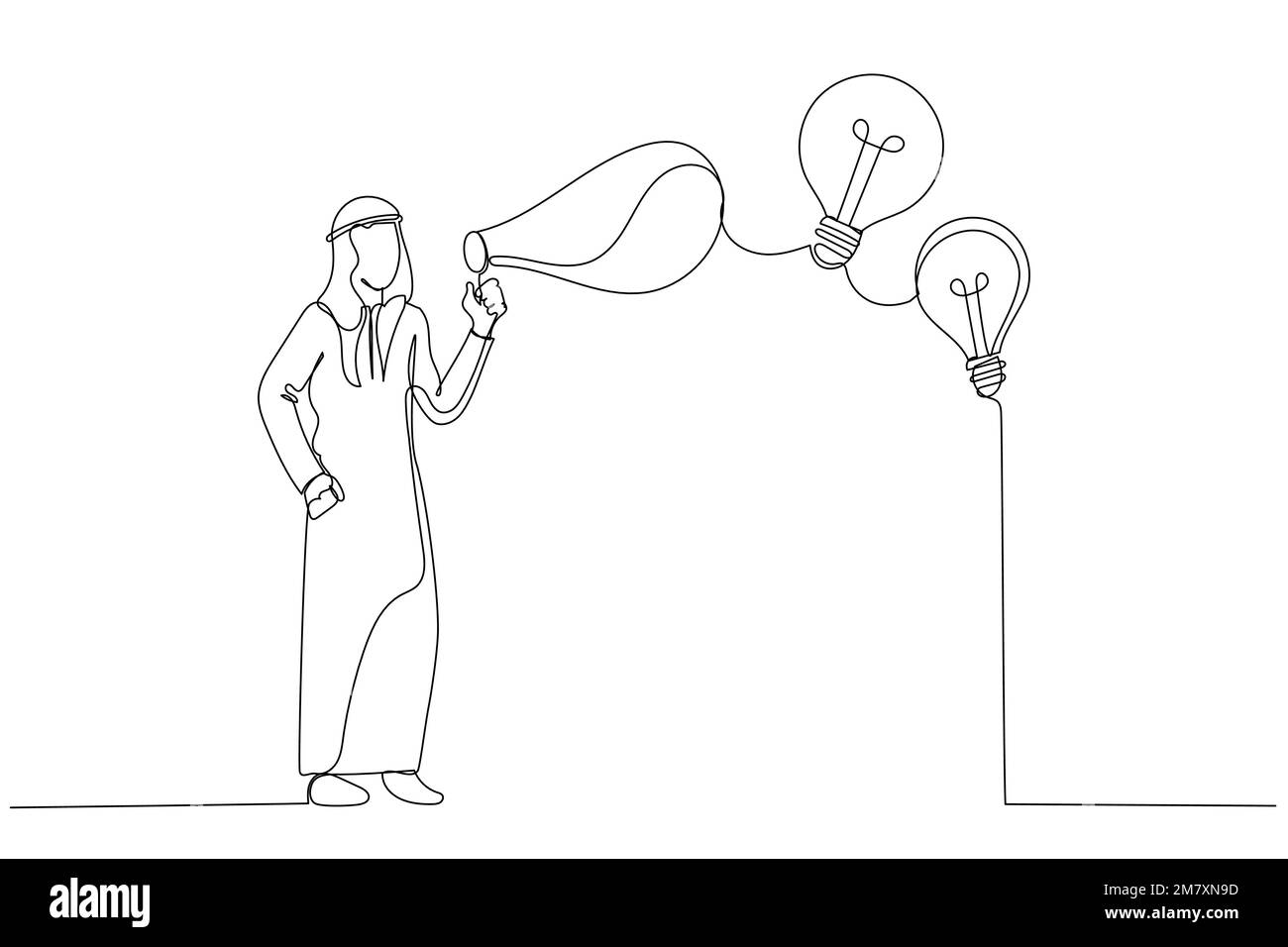Drawing of arab muslim businessman blowing soap bubble into innovation ...