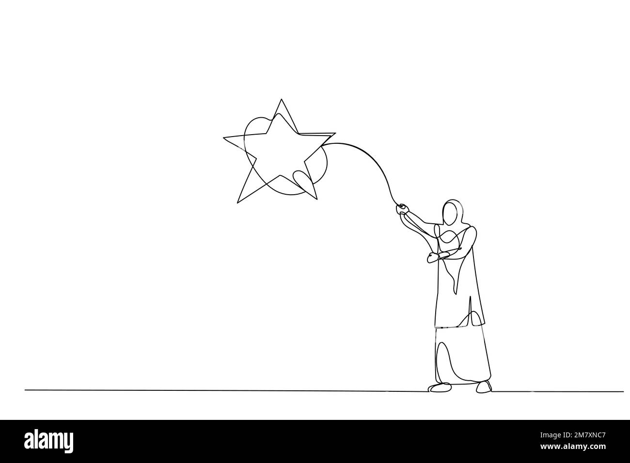 Drawing of muslim woman throws a lasso, catching star. Single ...