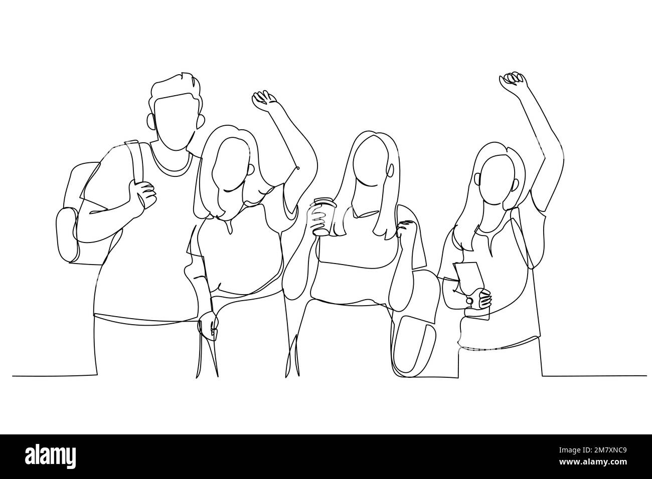 Illustration of group of happy students raise hands to the air ...