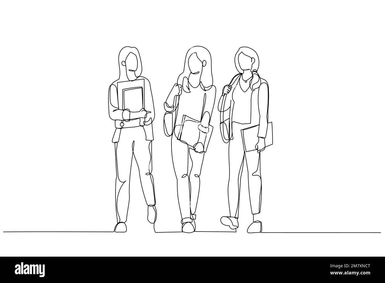 Cartoon of group of female college students walking together. One line ...