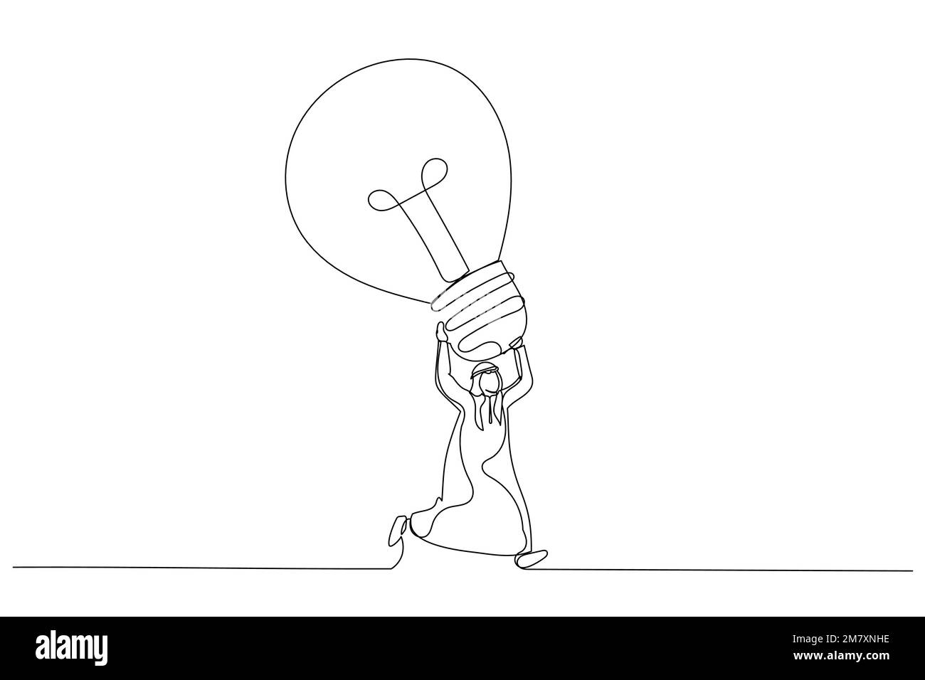Drawing of excited arab businessman carrying big lightbulb idea running ...