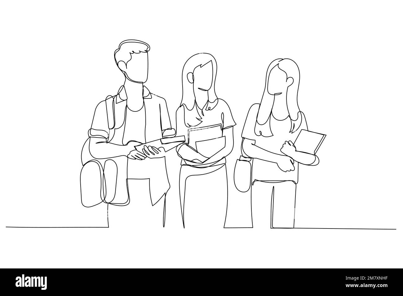 Drawing of group of three students walk together to discuss exam ...