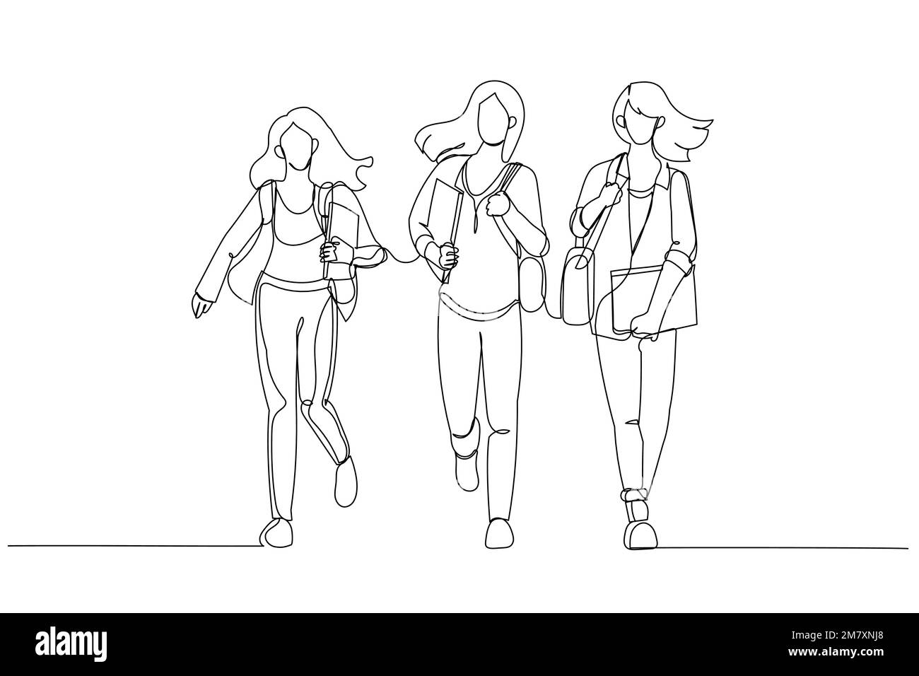 Drawing of group of female student running try not to late for class ...