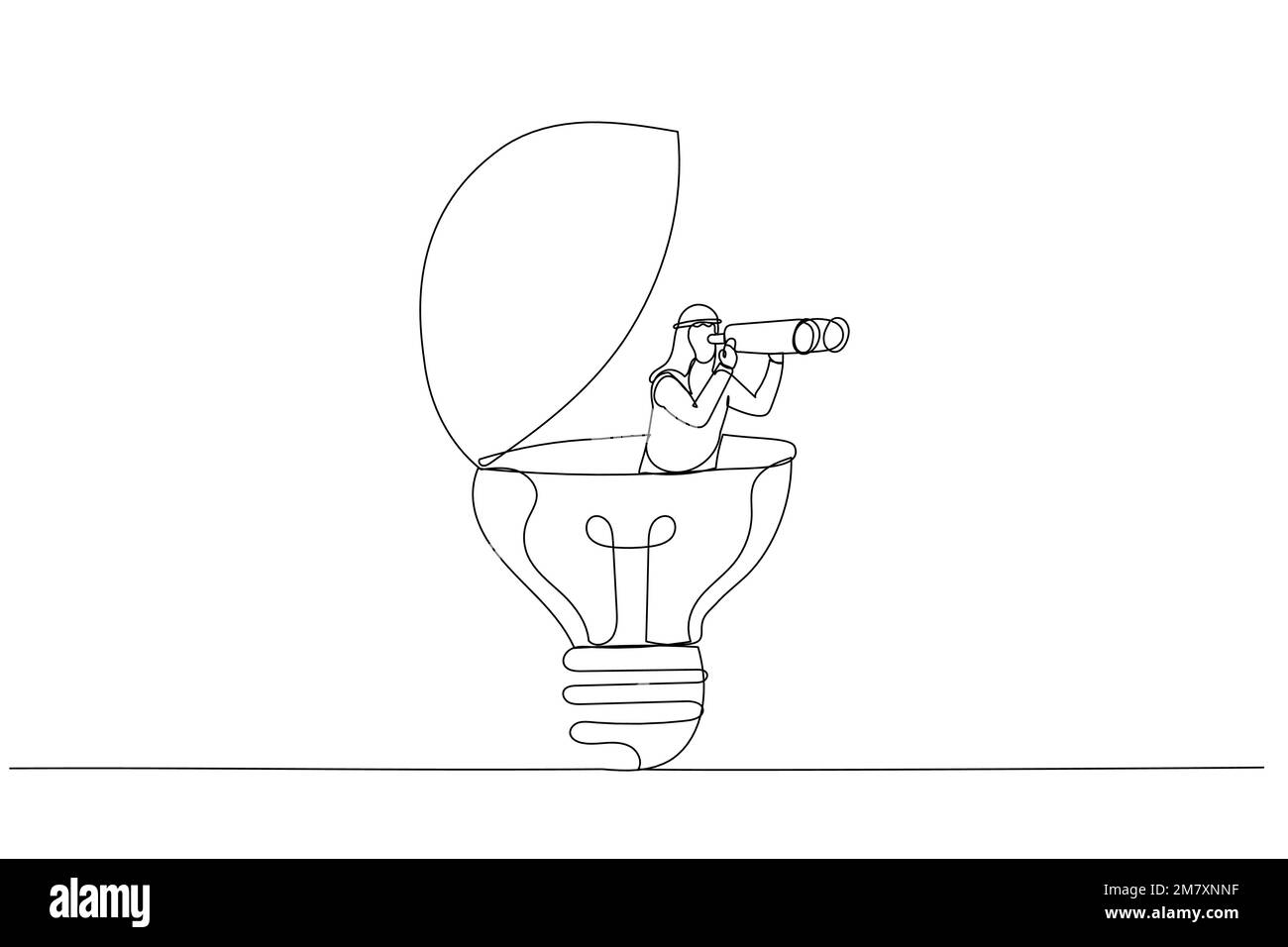 Drawing of arab businessman open lightbulb idea using binoculars to see ...