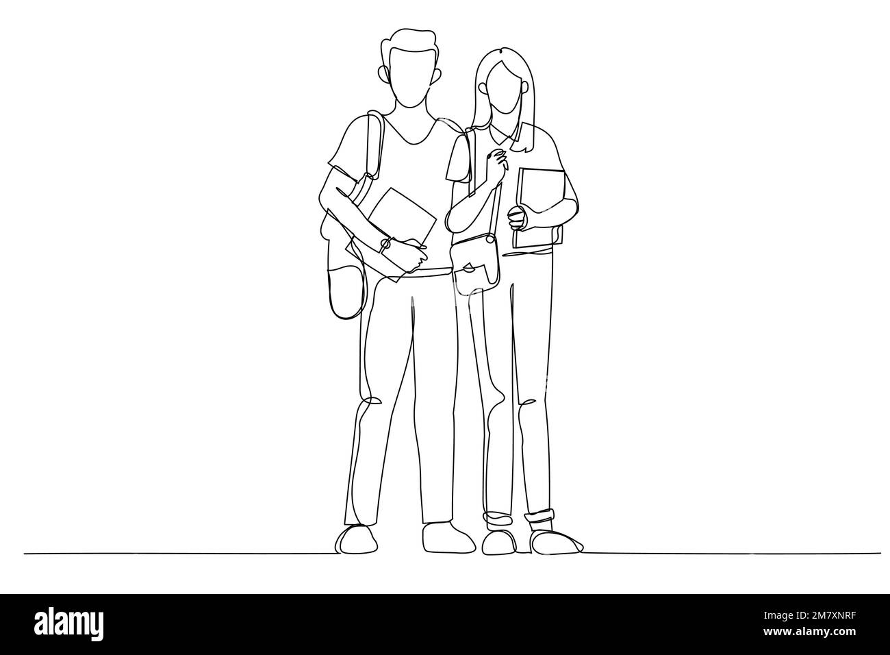 Cartoon of young students couple walk together to library in campus ...