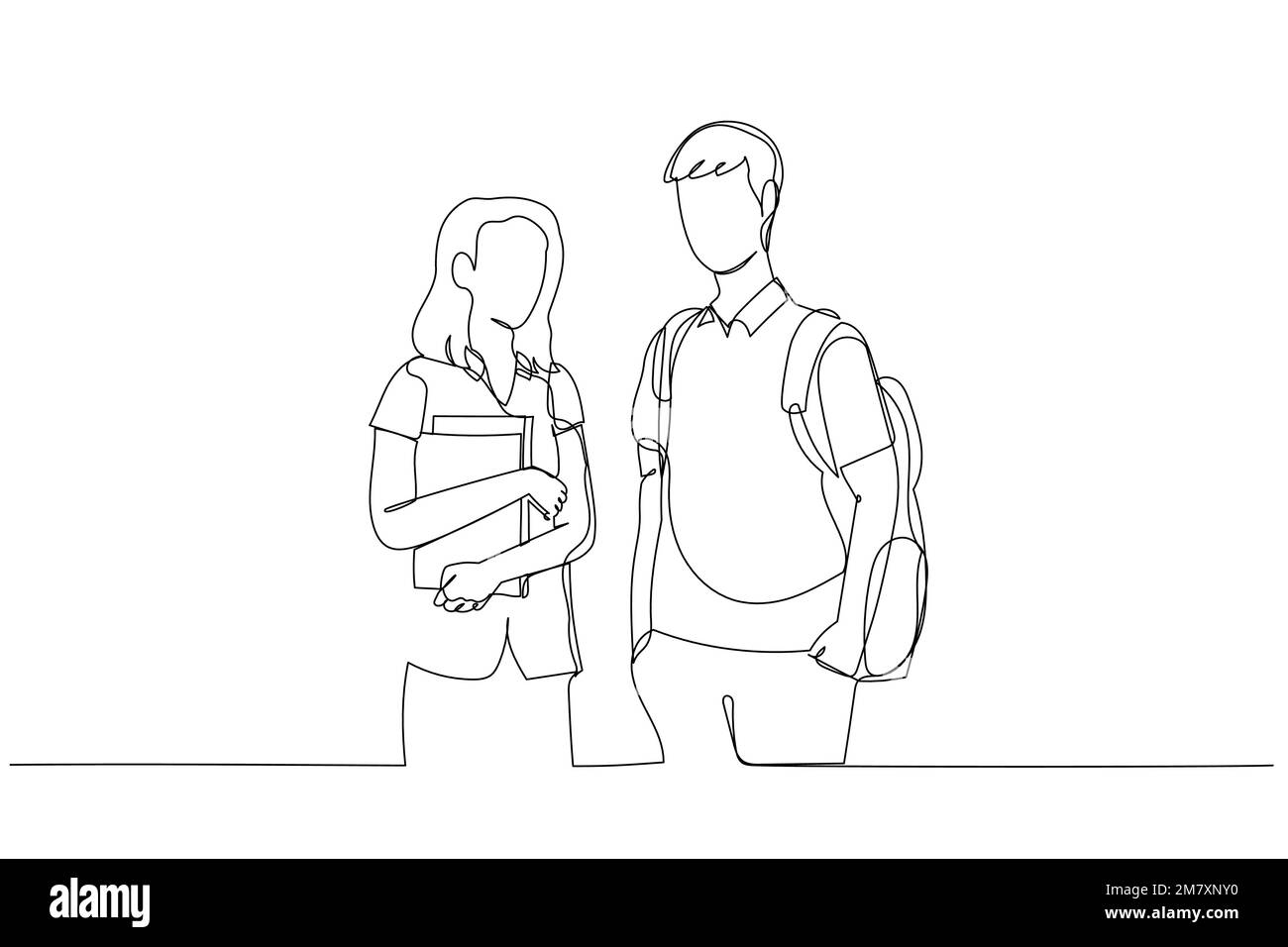 Drawing of two college students stand in from of university. Perfect ...