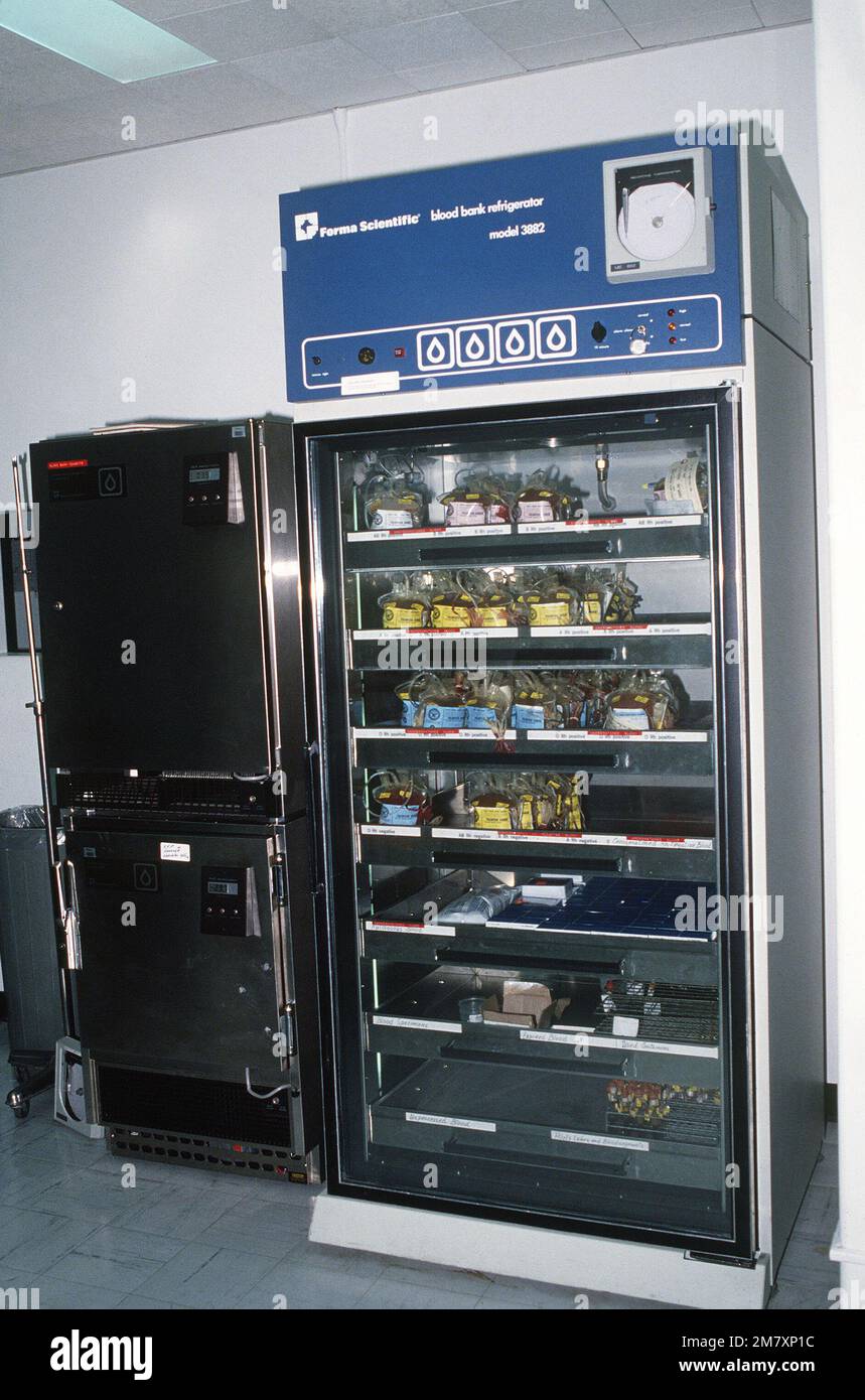 A view of a refrigerator used to store plasma and blood at Gorgas Army ...
