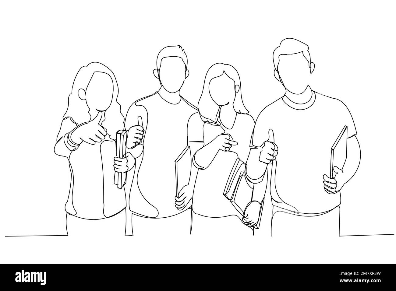 Cartoon of group of friends smiling with thumb up denoting success. One ...