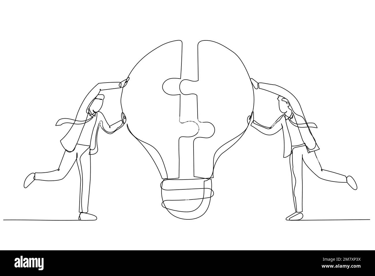 Drawing of businessman team members partner connect lightbulb jigsaw puzzle together. Teamwork ...