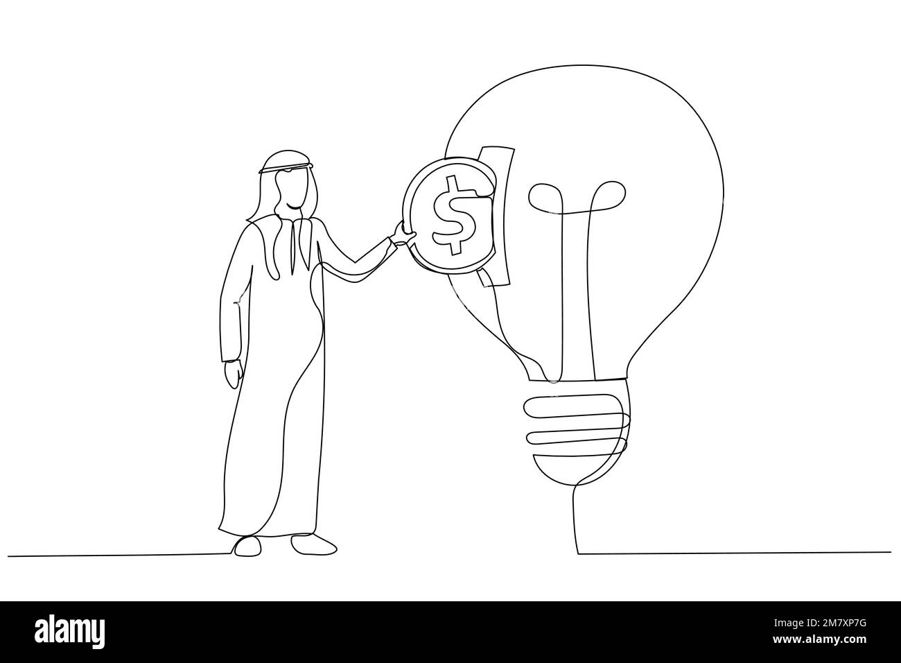 Drawing of arab businessman putting dollar coin into slot in light bulb ...
