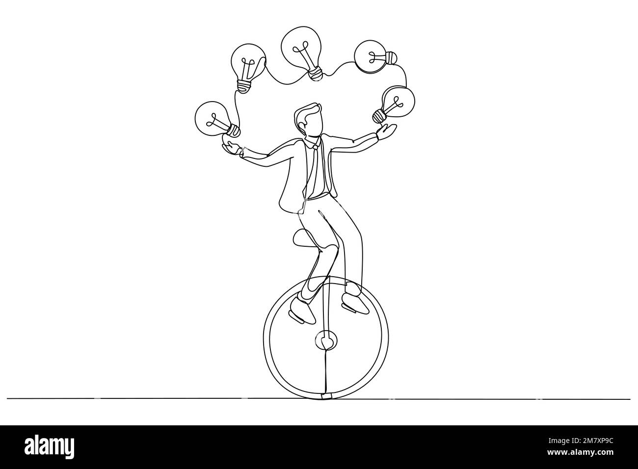 Drawing of businessman riding unicycle juggling lightbulb lamp. Plenty ...