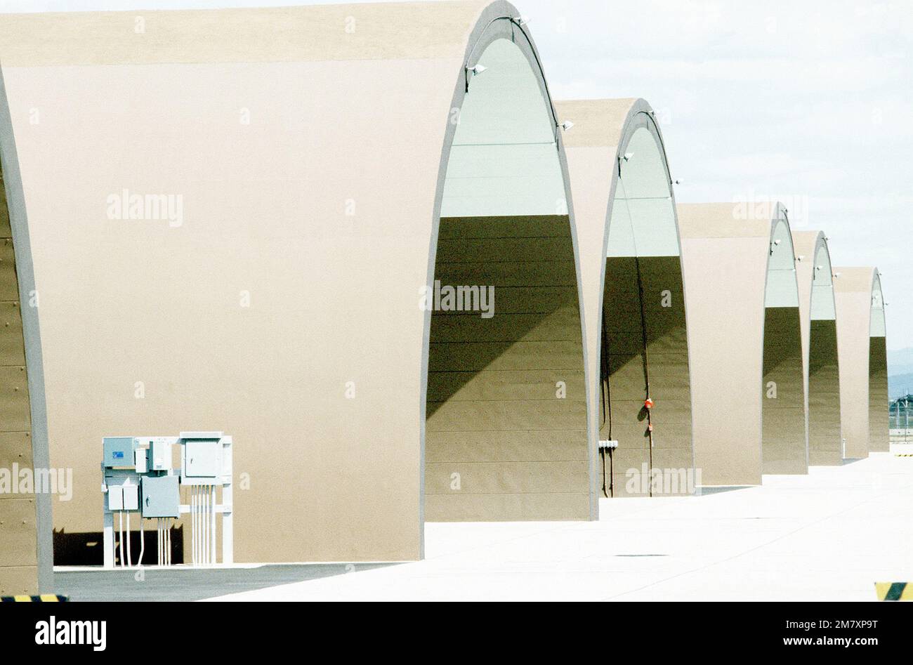 A view of recently completed aircraft hangars which are part of a ...