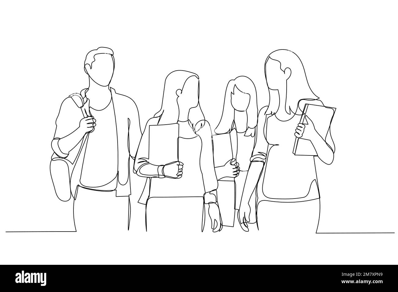 Illustration of group of college students walking together. Single line ...