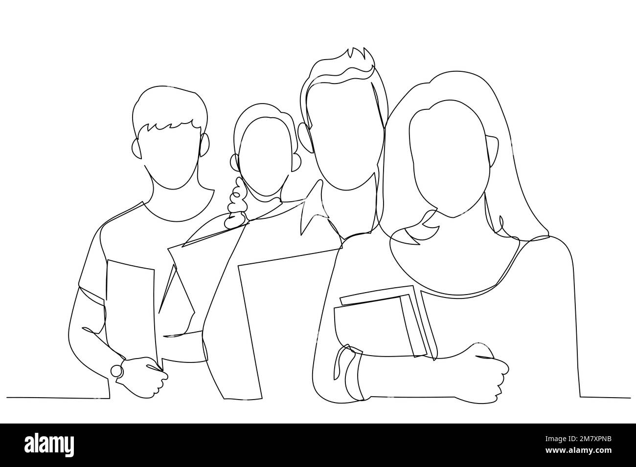 Cartoon of closeup of university students standing in a row with books ...