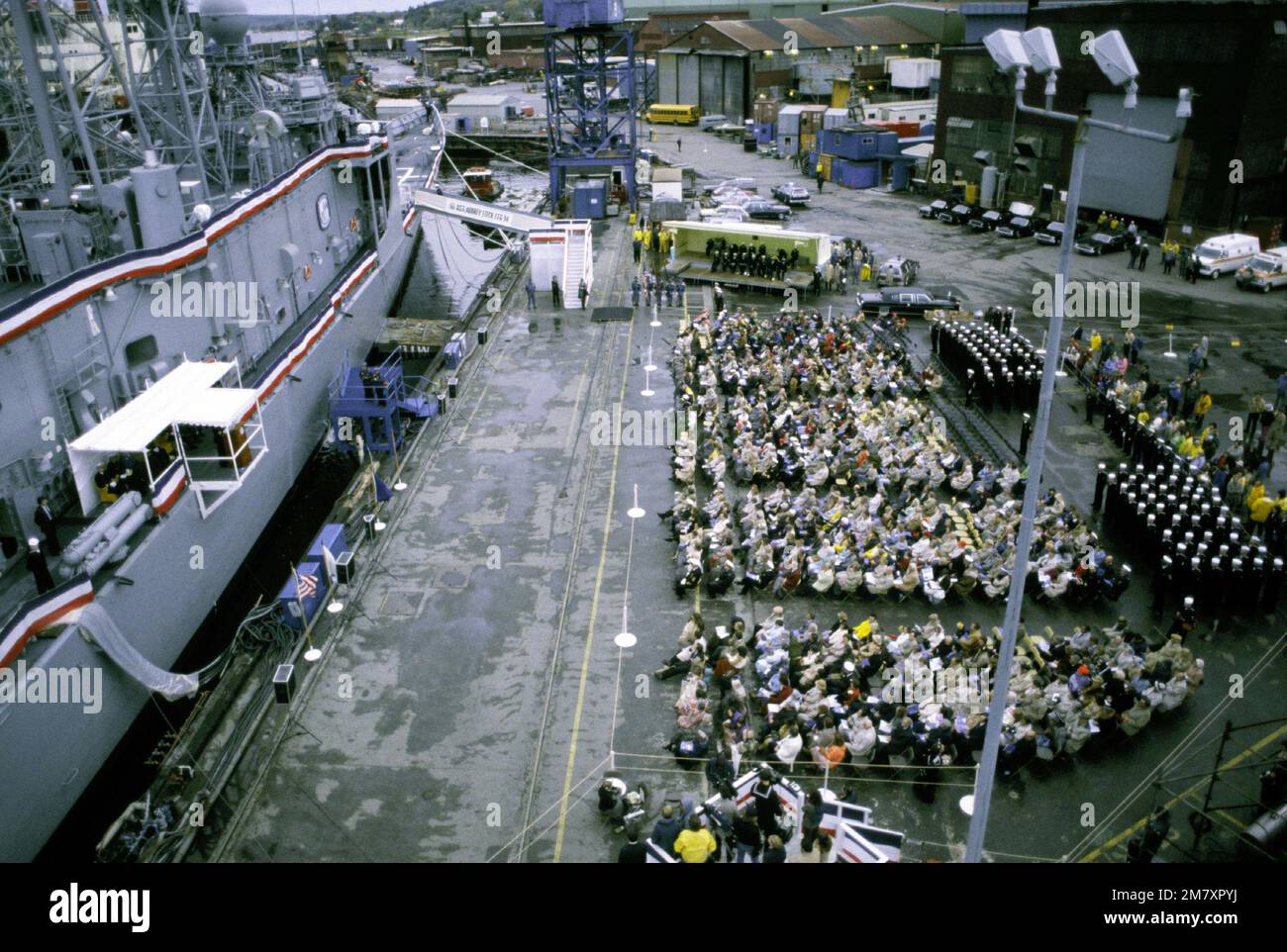 An aerial view of the commissioning ceremony for the guided missile ...