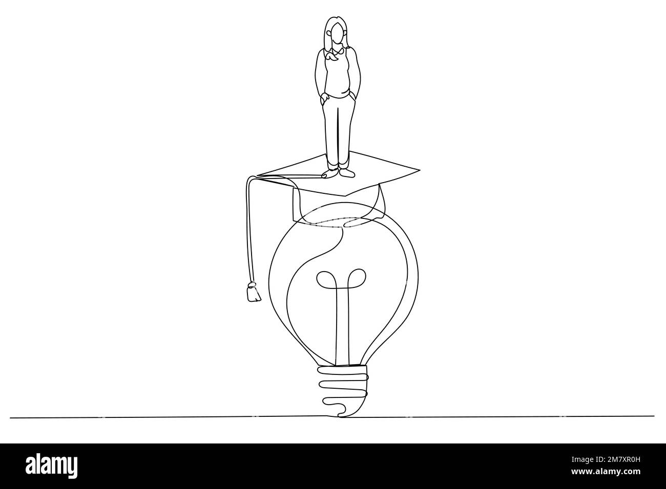 Drawing of businesswoman climb up bright light bulb idea waring ...