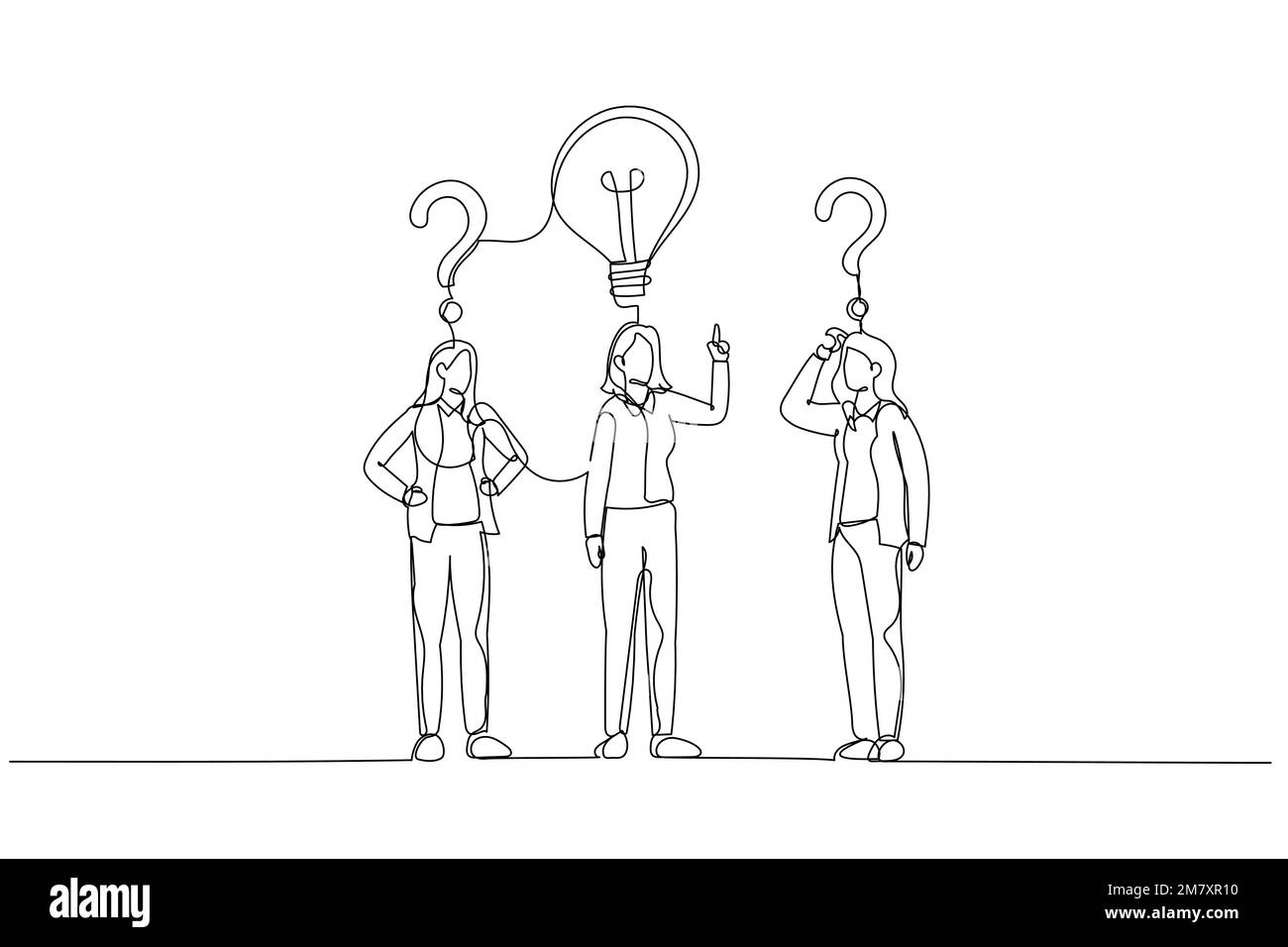 Drawing of businesswoman with question sings and lamp idea concept of ...