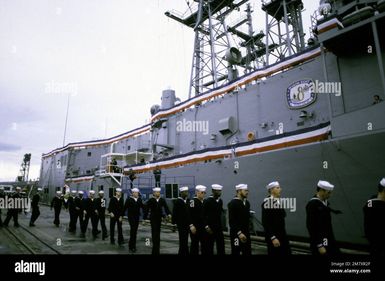 Crewmen go aboard the guided missile frigate USS AUBREY FITCH (FFG-34 ...