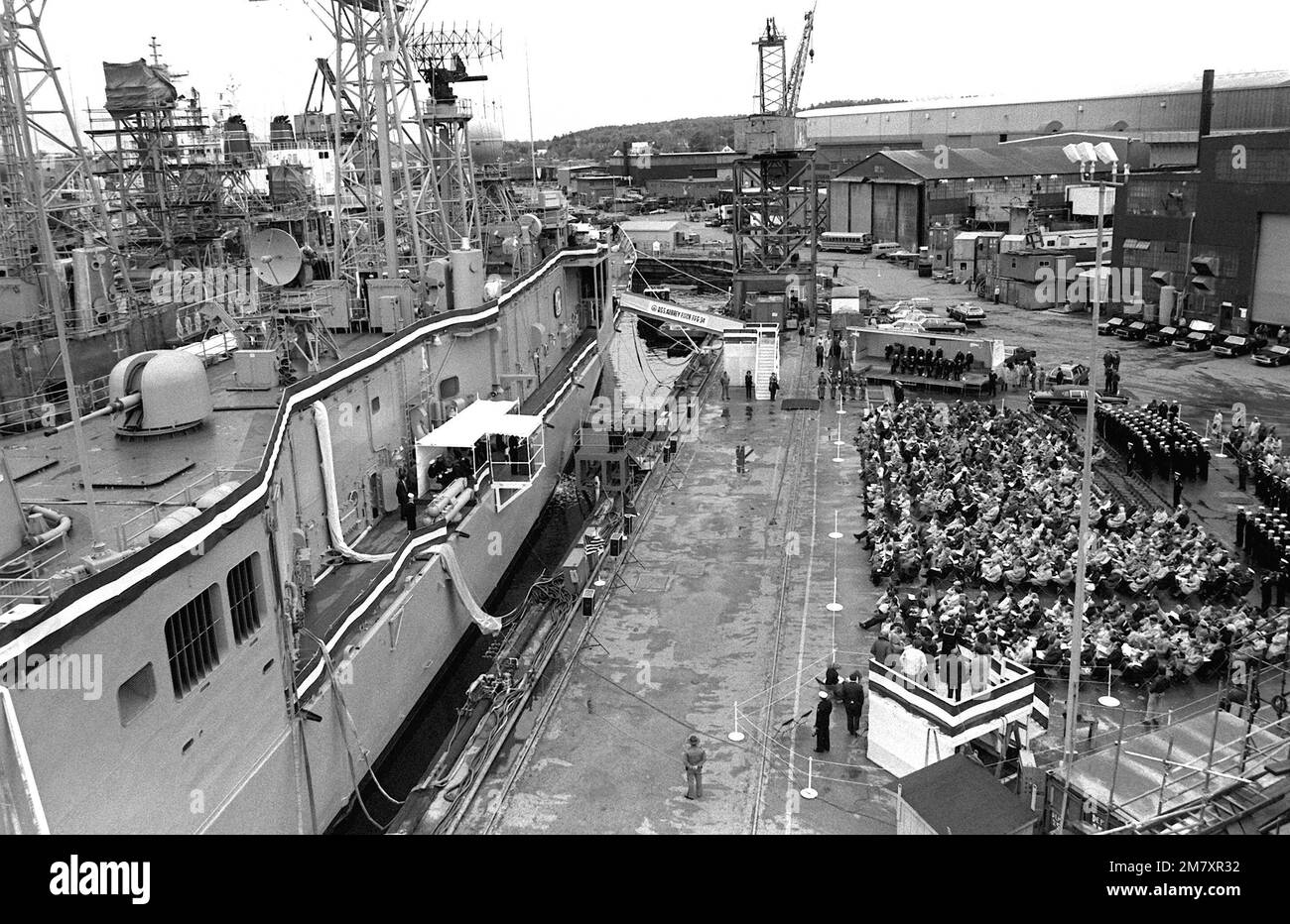 An aerial view of the commissioning ceremony for the guided missile ...