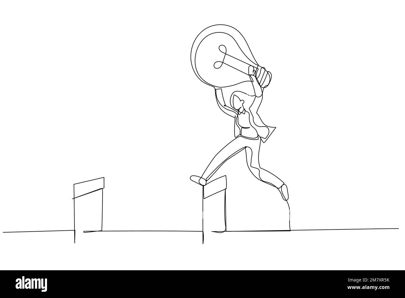 Drawing of businesswoman jumping over hurdle. Single line art style ...