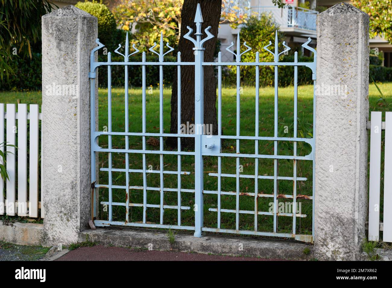 blue old vintage steel gate house portal of a traditional european ...