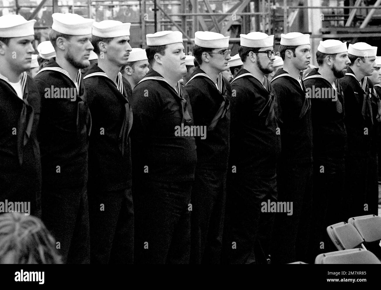 Crewmen from the guided missile frigate USS AUBREY FITCH (FFG-34) stand ...