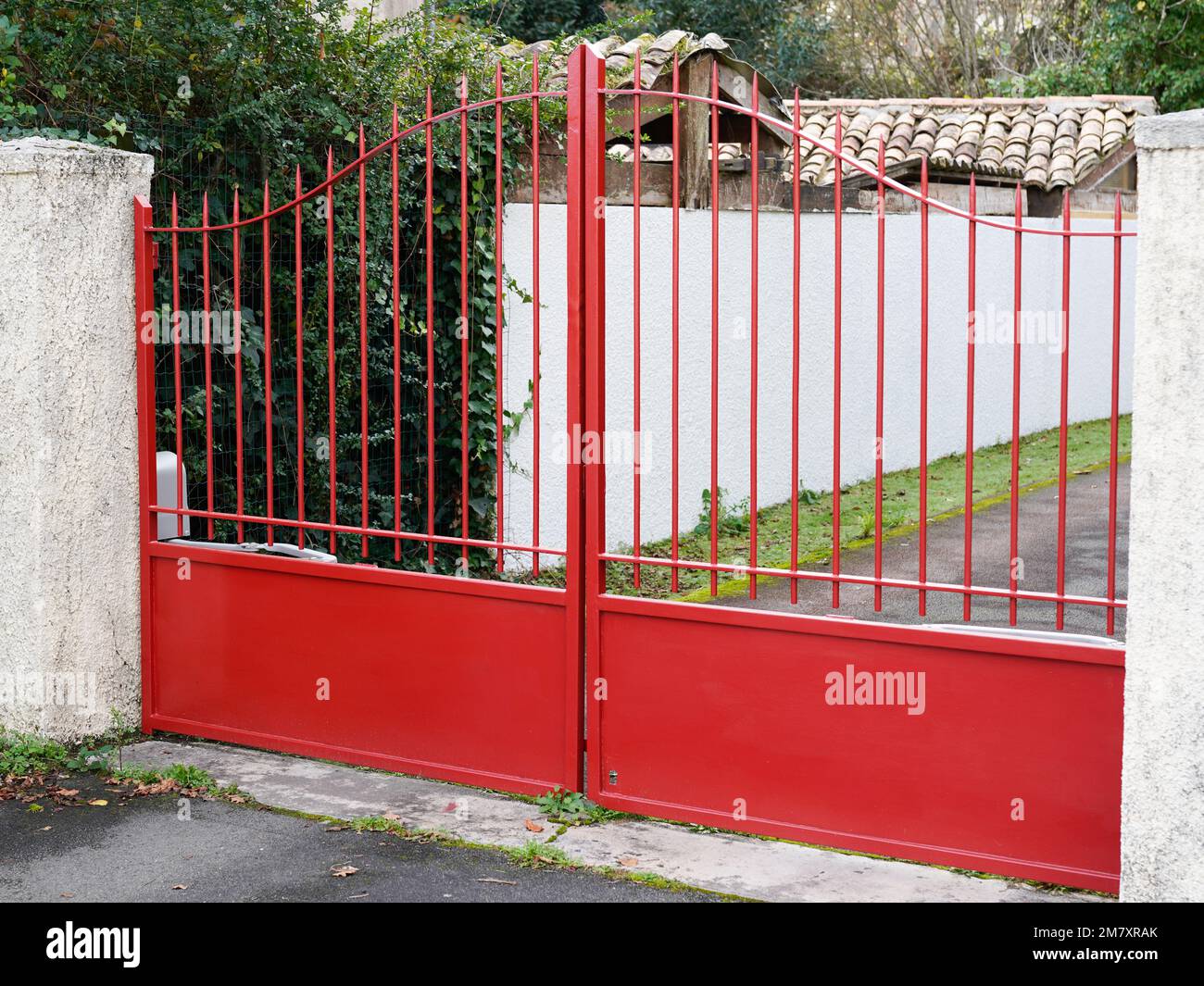 street steel vintage suburb home red door dark metal retro house gate ...