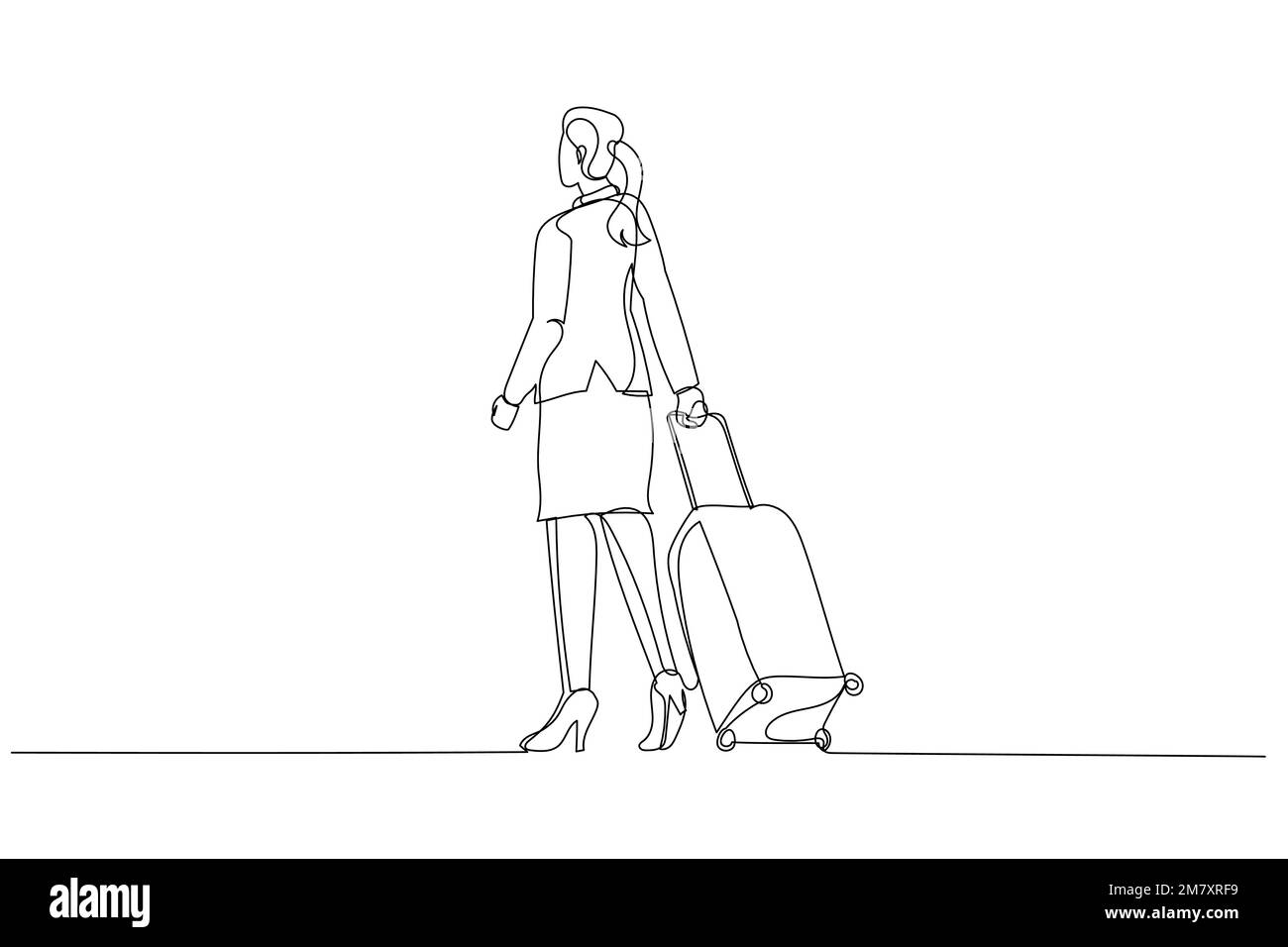 Cartoon of businesswoman with suitcase walking in aisle. One line style ...