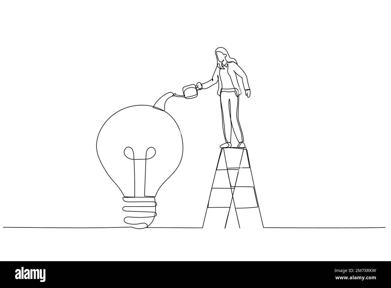 Drawing of businesswoman on ladder watering to fill in liquid in idea ...