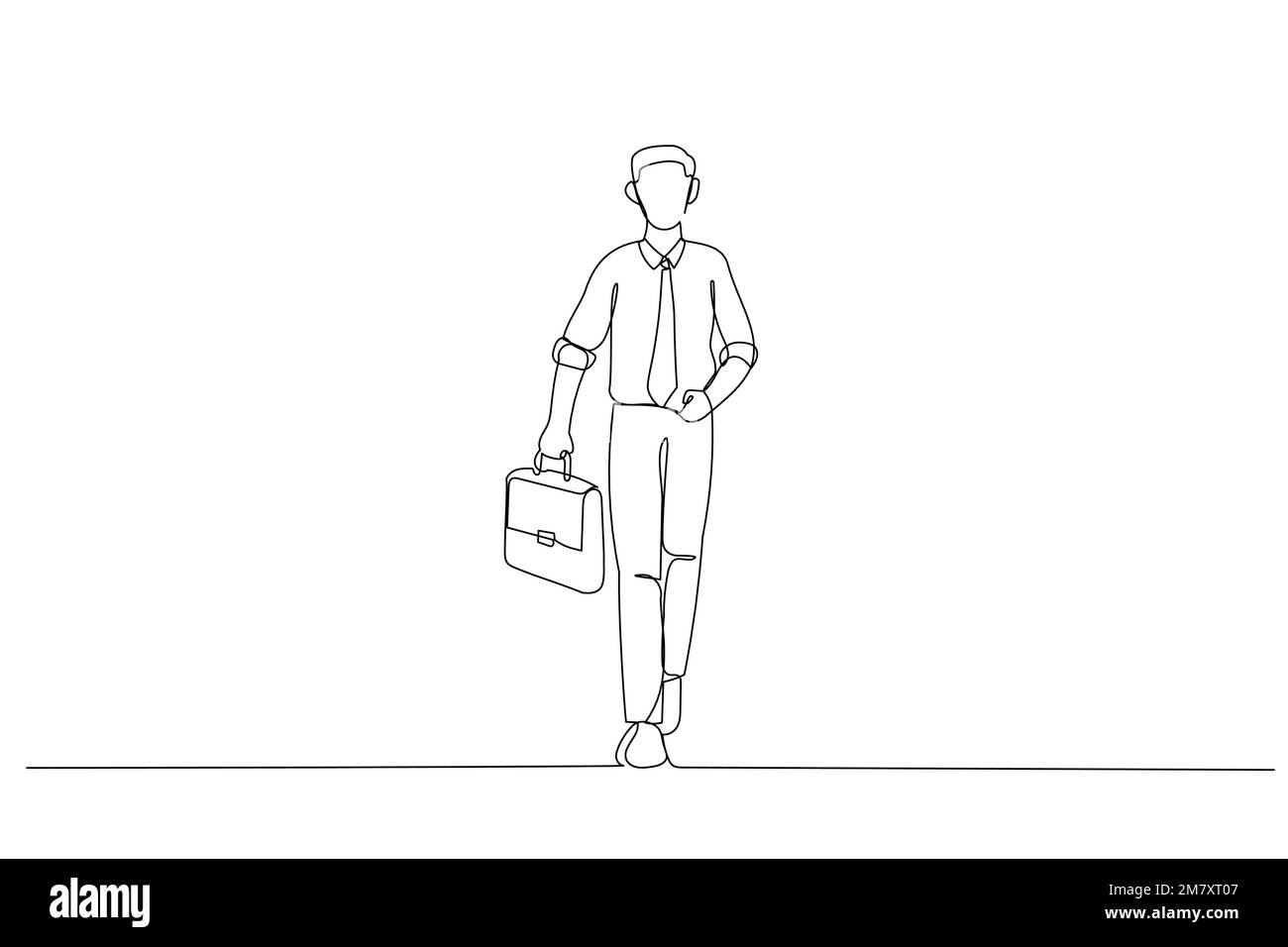 Drawing of businessman go walk hold suitcase. Continuous line art style ...