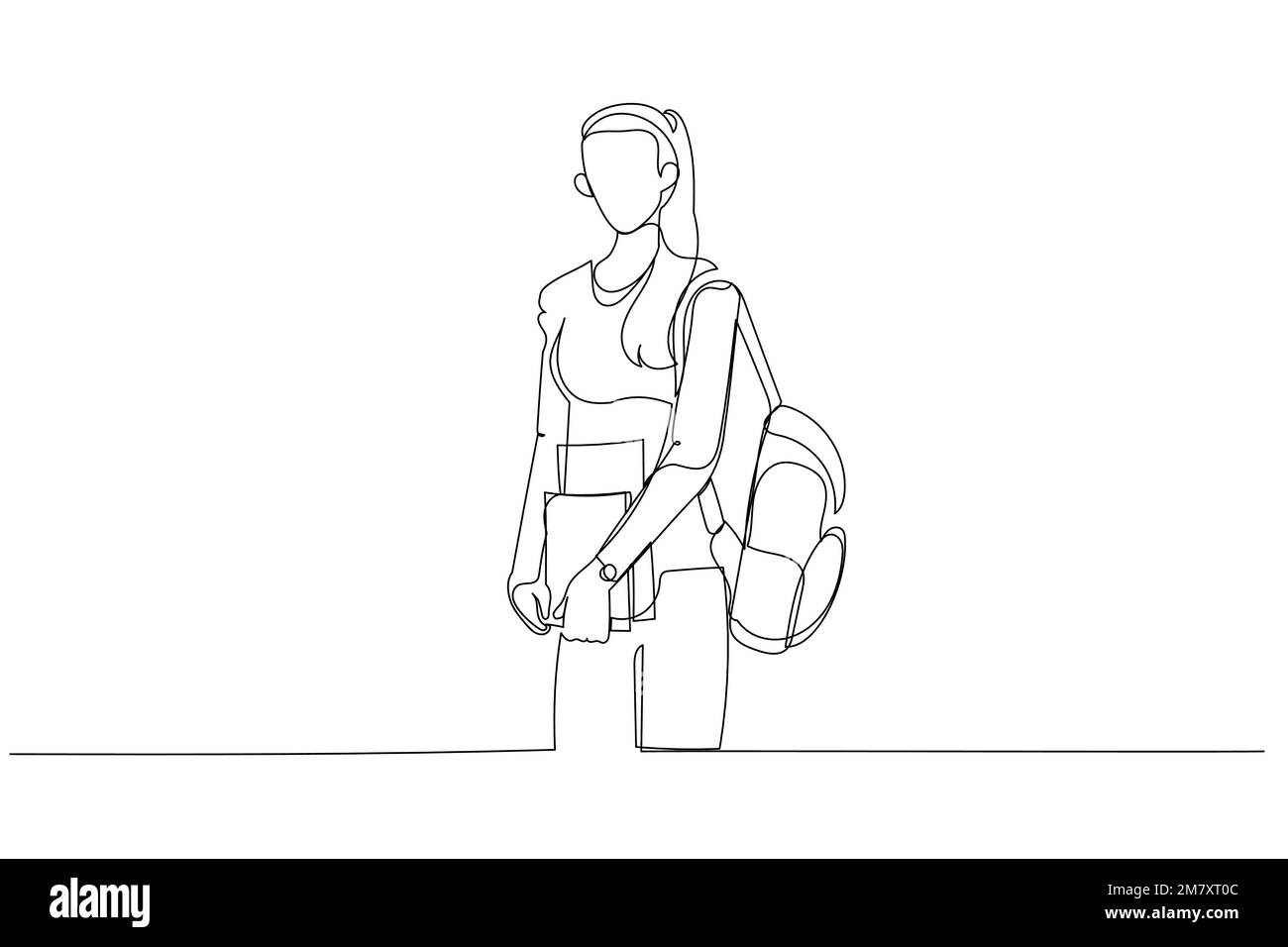 Drawing of female student holding books below waist. Single continuous ...