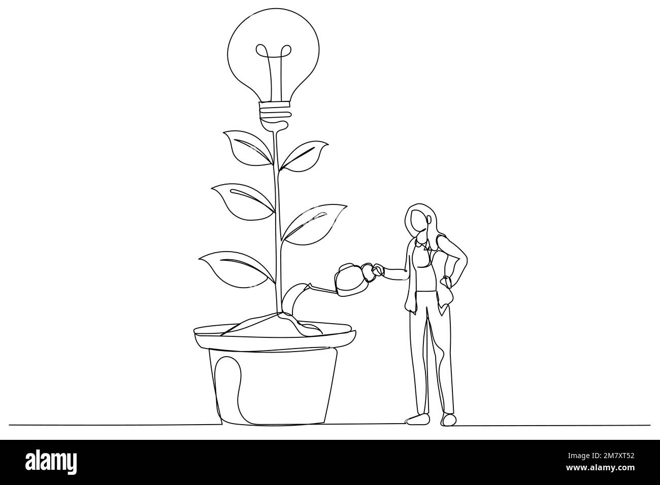 Illustration of businesswoman watering growing tree with lightbulb ...