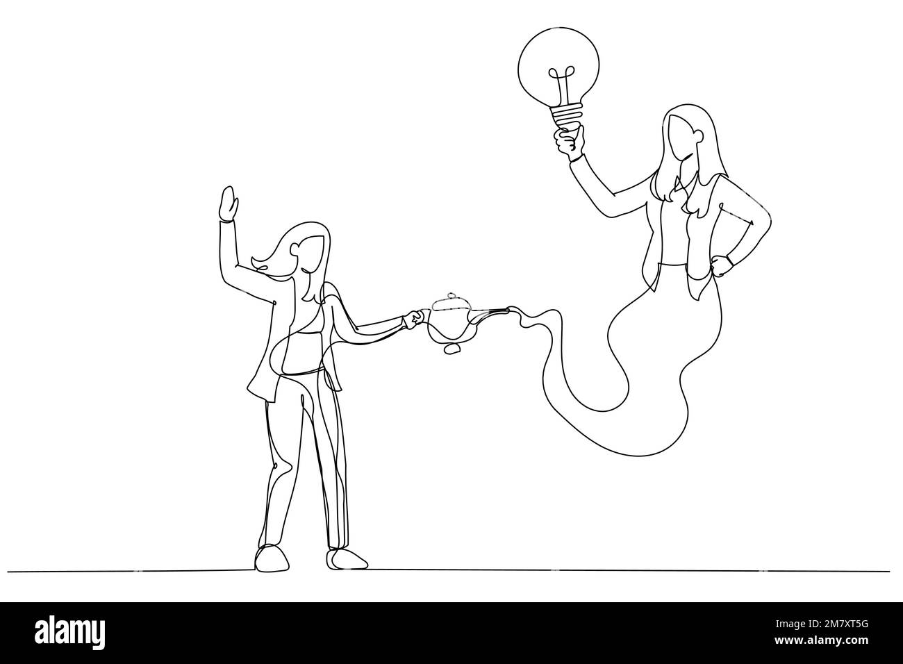 Drawing of businesswoman genie holding idea bulb come out of magic lamp ...
