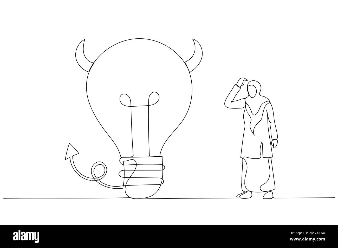 Cartoon of muslim businesswoman looking at devil lightbulb doubting it ...