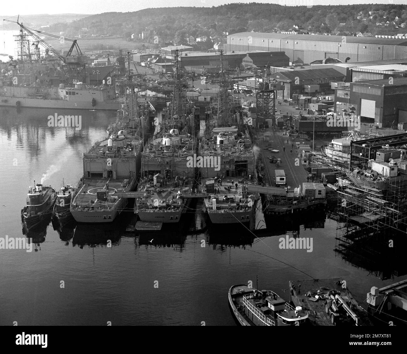 The stern view of three guided missile frigate under construction. The ...