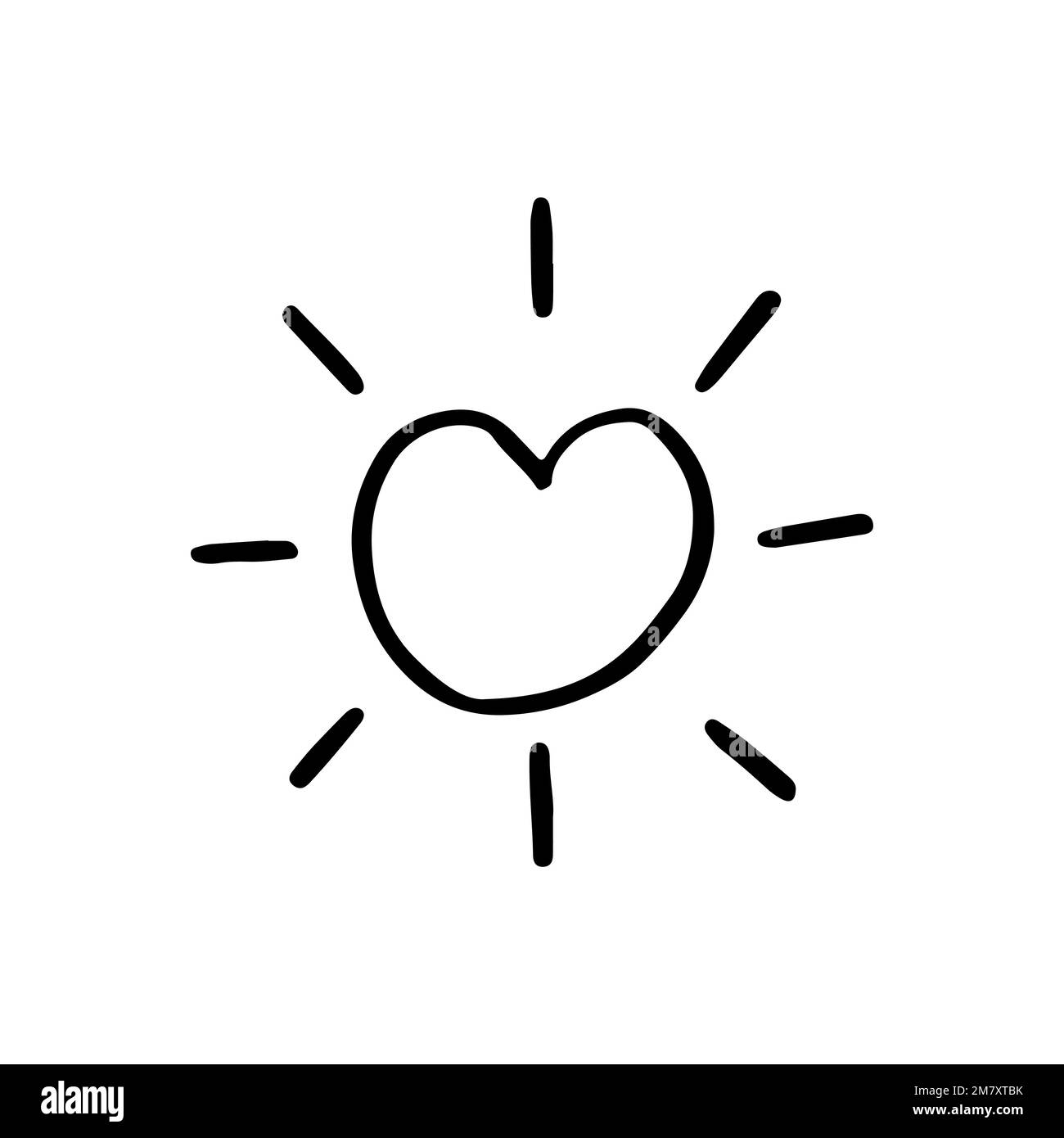 Vector icon of heart with rays of the sun drawn in one line ...