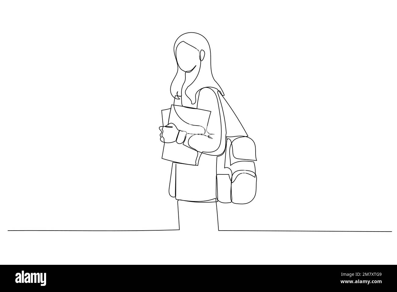 Cartoon of girl student standing at campus wearing bag with books. One ...