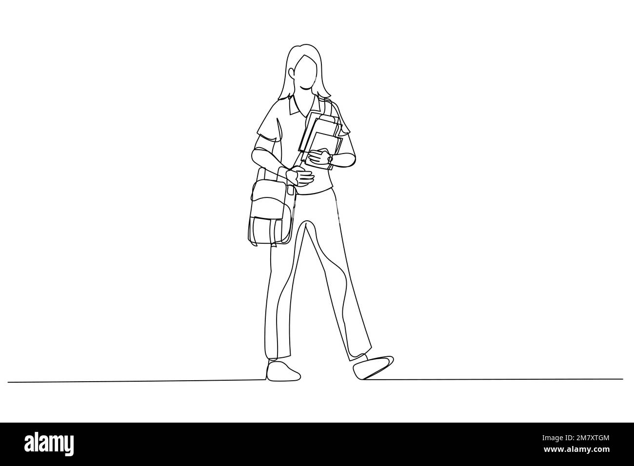 Cartoon of student woman going to class holding books and bag. One line ...